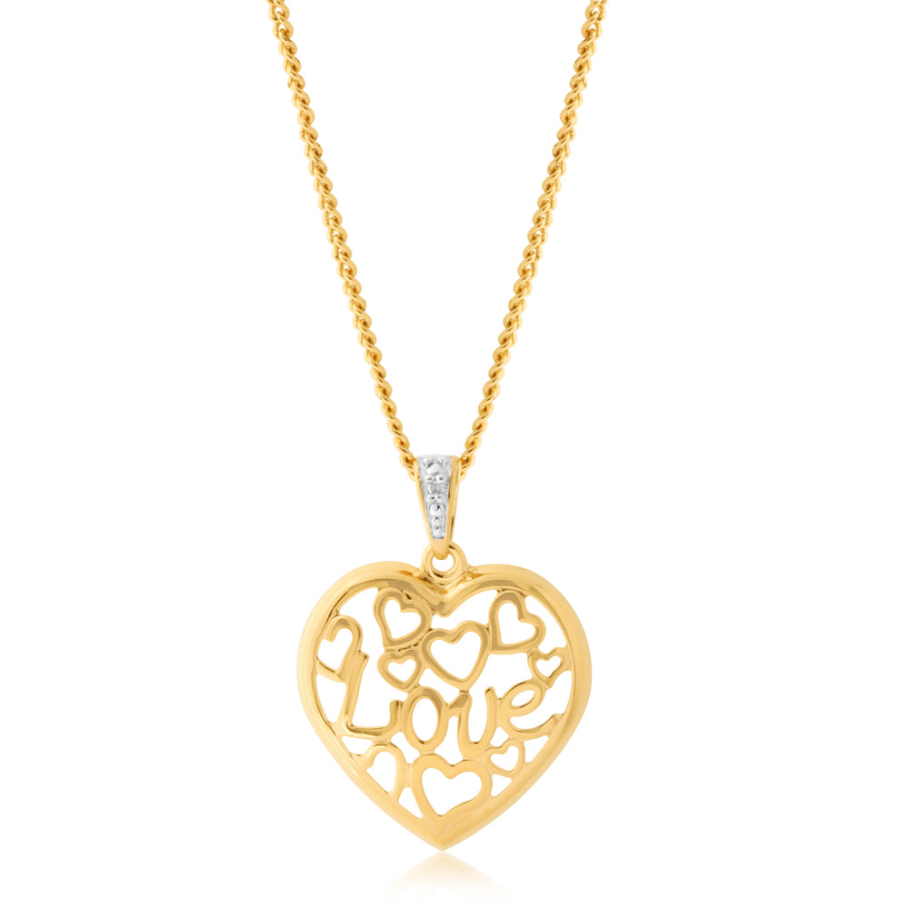 9ct Yellow Gold Diamond Love & Hearts Pendant with 1 Brilliant Cut Dia ...