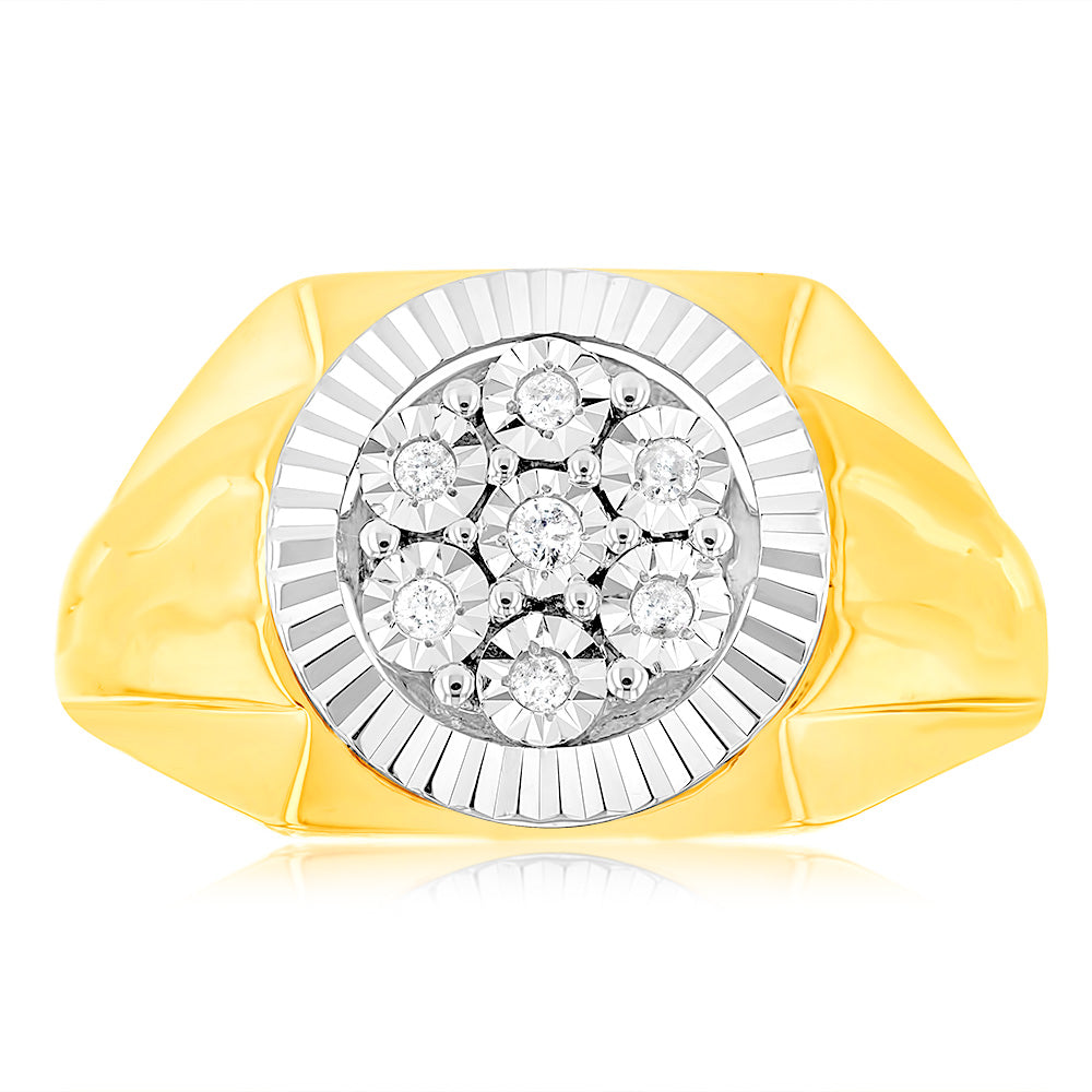 9ct Yellow Gold & Rhodium Diamond Gents Ring Set With 7 Diamonds ...