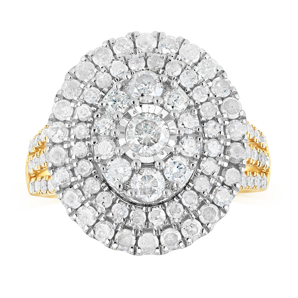 2 Carat Natural Diamond Oval Shaped Ring in 9ct Yellow Gold and Sterli ...