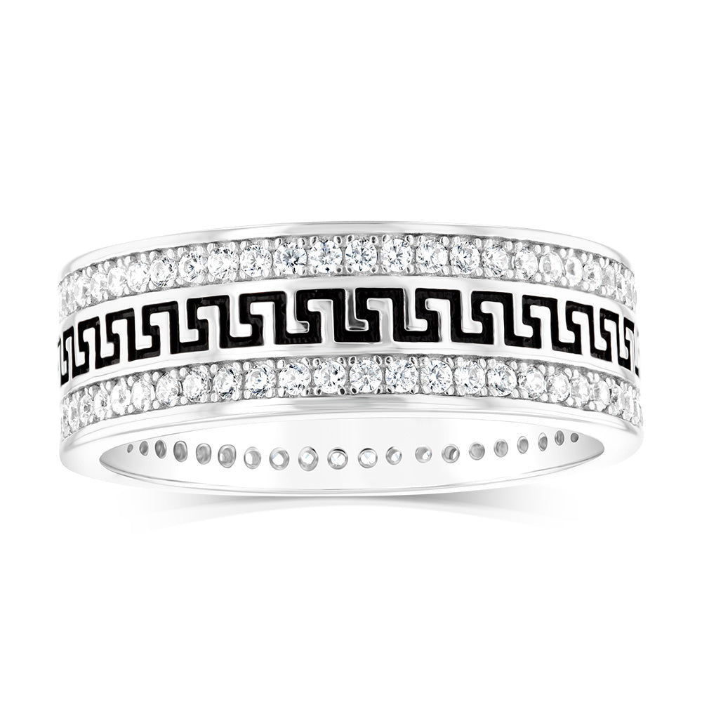 Sterling Silver Zirconia and Black Enamel Greek Key Ring– Grahams Jewellers