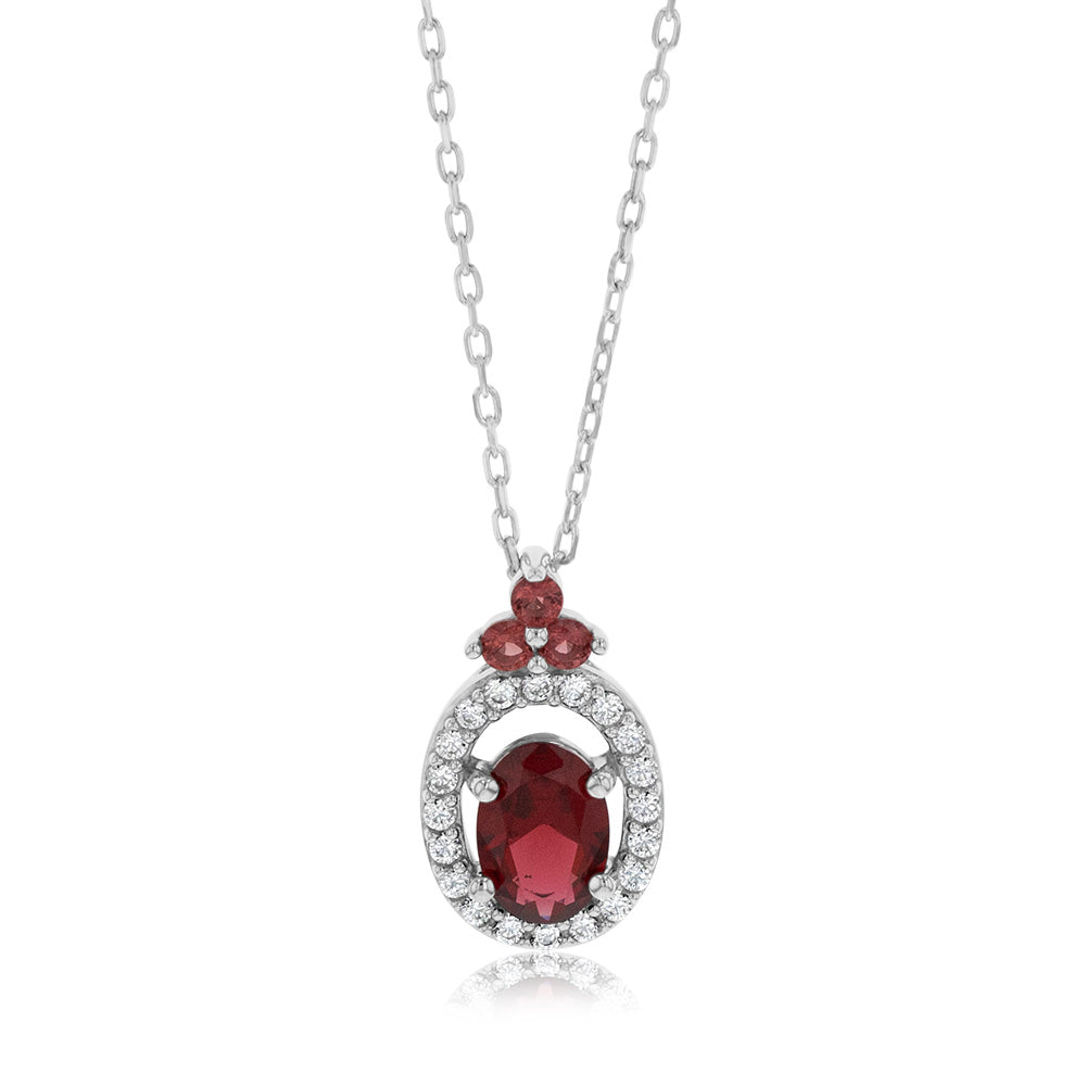 Sterling Silver Rhodium Plated Oval Red Stone White Cubic Zirconia Wit ...
