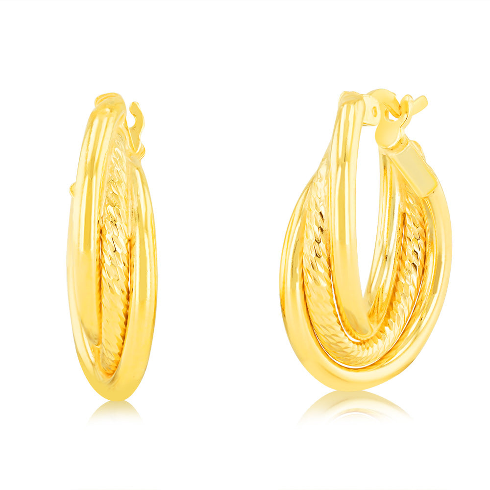 Sterling Silver Gold Plated Textured Plain Round Hoop Earrings ...
