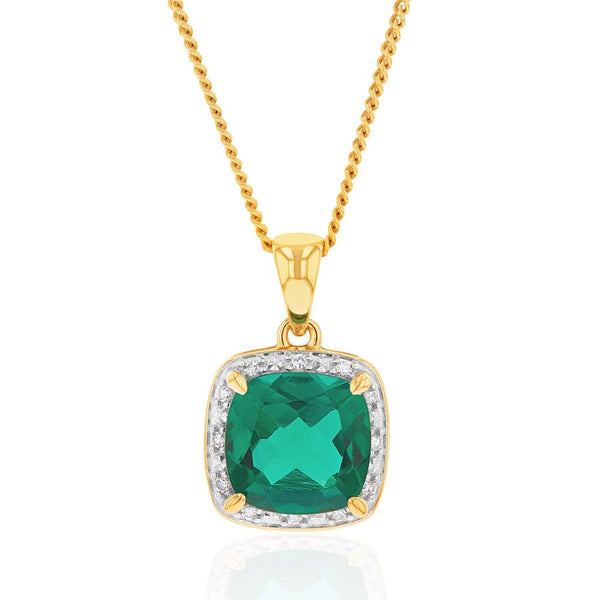 9ct Yellow Gold Created Emerald and Diamond Cushion Cut Pendant Grahams Jewellers