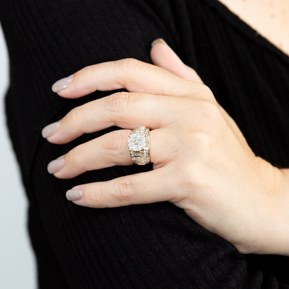 9ct Yellow Gold 2 Carat Diamond Ring set with 53 Brilliant and 44 Tape ...